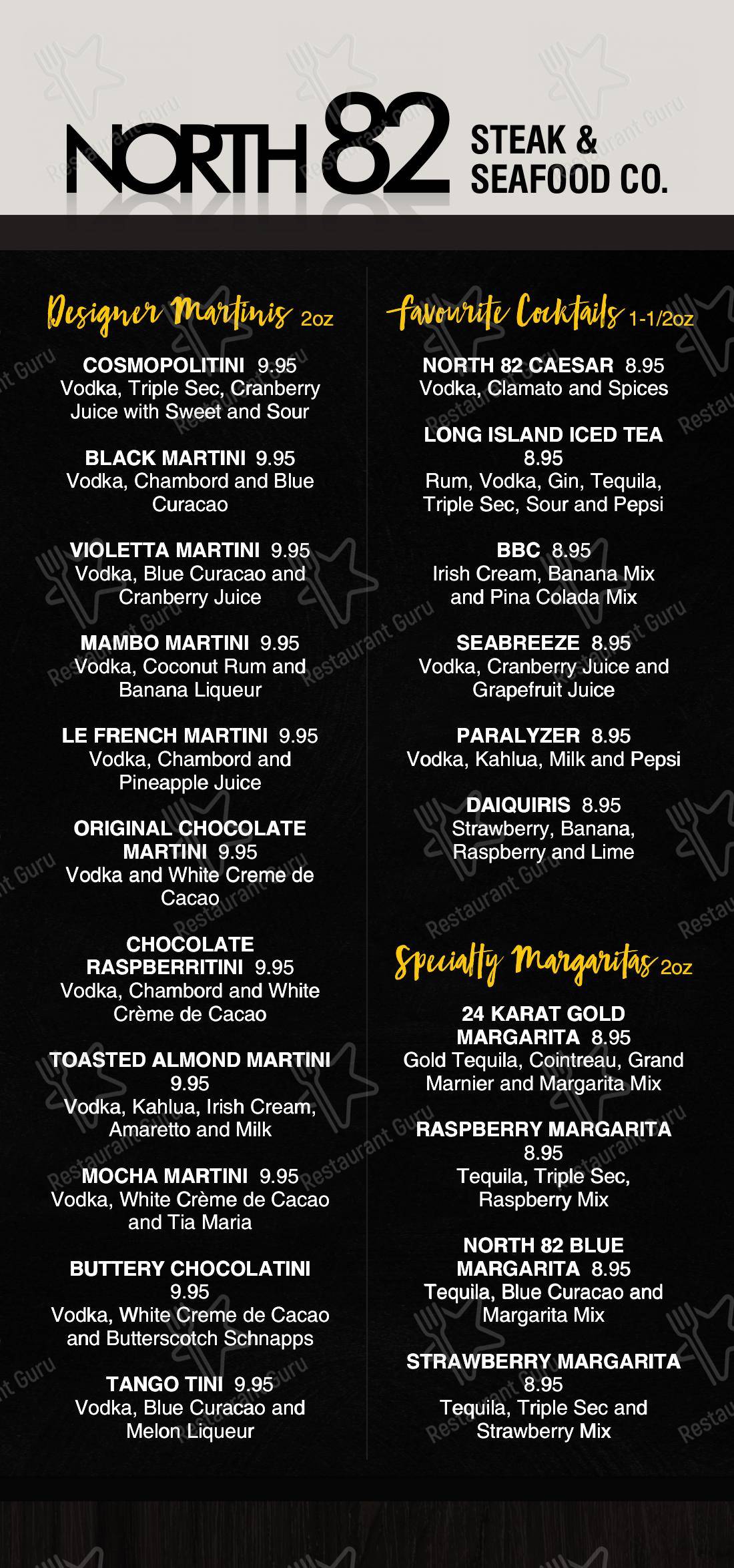 Menu at North 82 Steak & Seafood Co steakhouse, Sault Ste. Marie