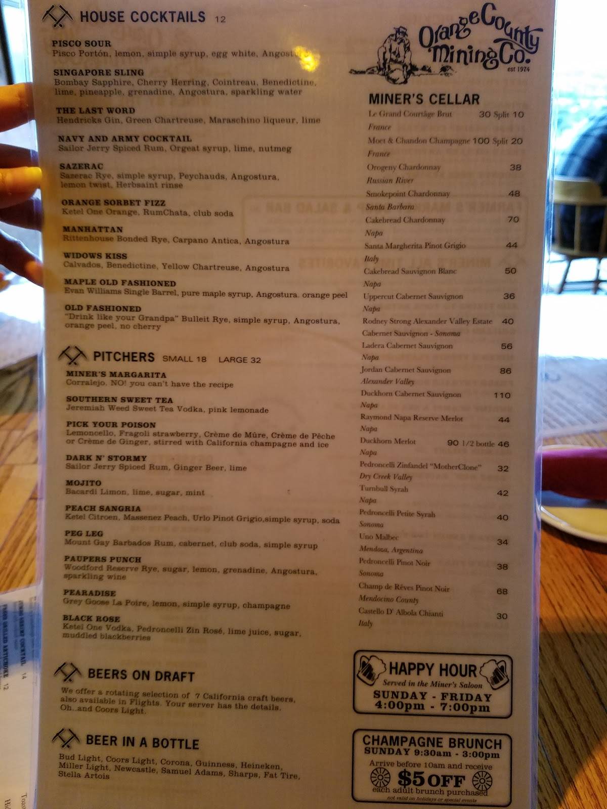 Menu at Orange County Mining Co pub & bar, Orange