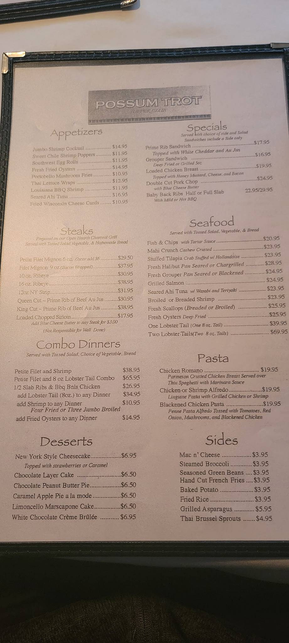 Menu at Possum Trot steakhouse, USA
