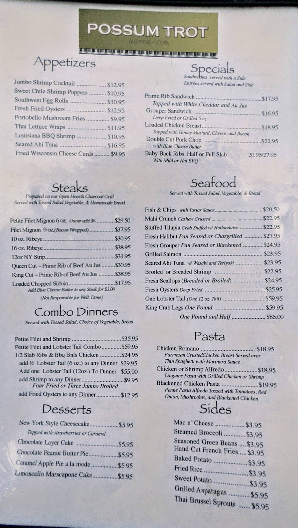 Menu at Possum Trot steakhouse, USA