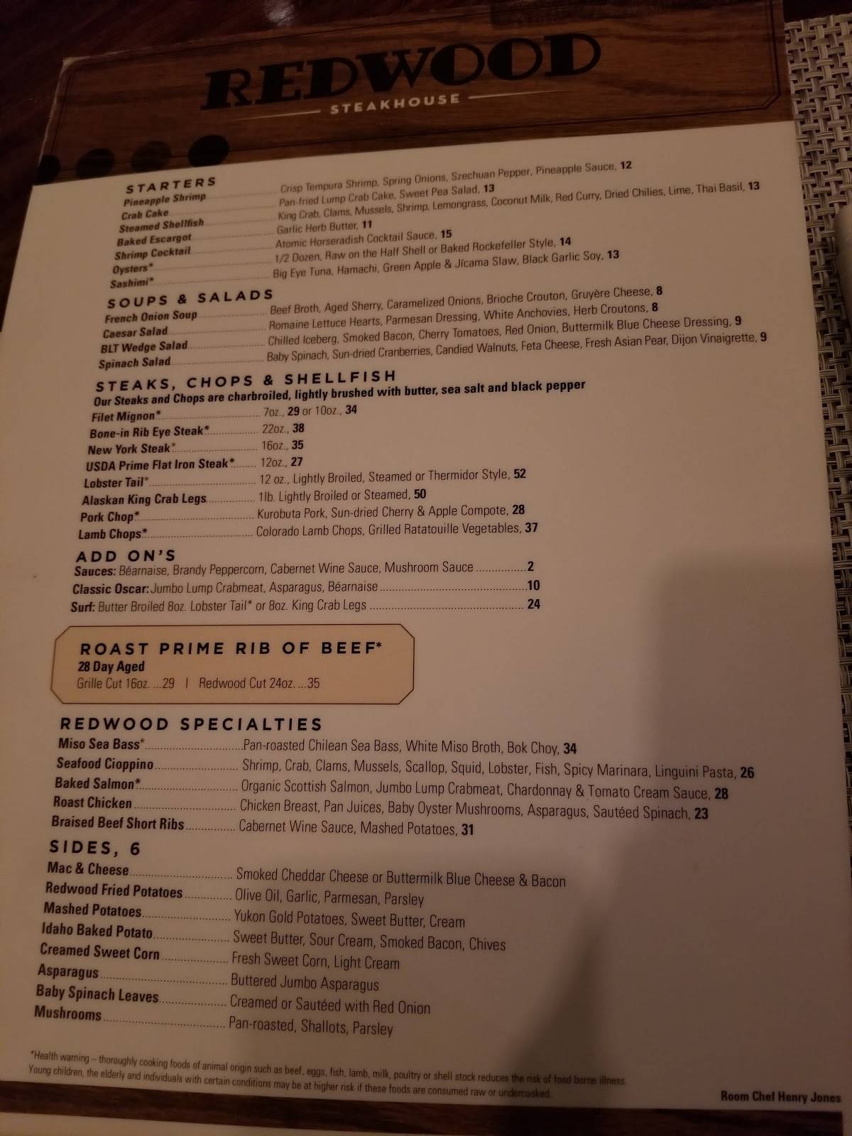 Menu at Redwood Steakhouse, Las Vegas