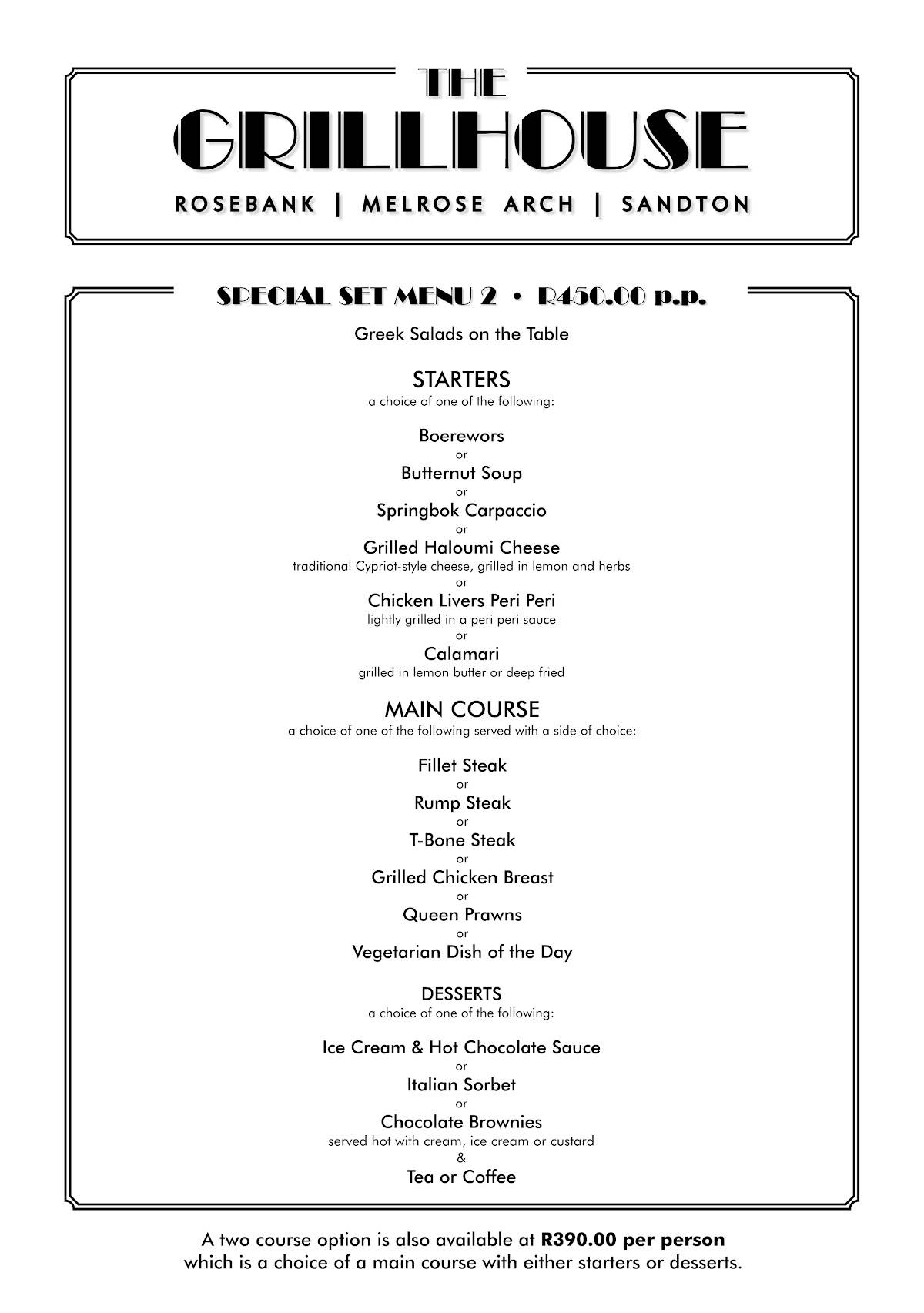 Menu at The Grillhouse Melrose Arch steakhouse, Johannesburg, Melrose Arch