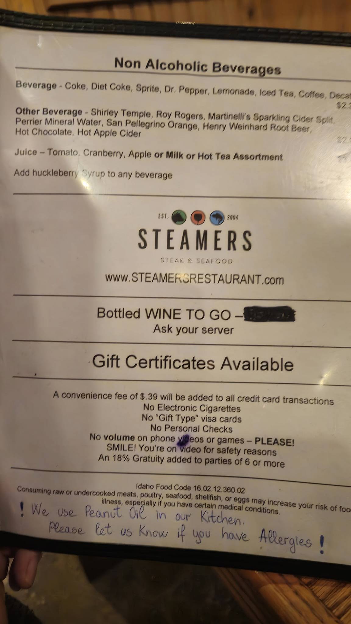 Menu at Steamers Steak & Seafood pub & bar, McCall