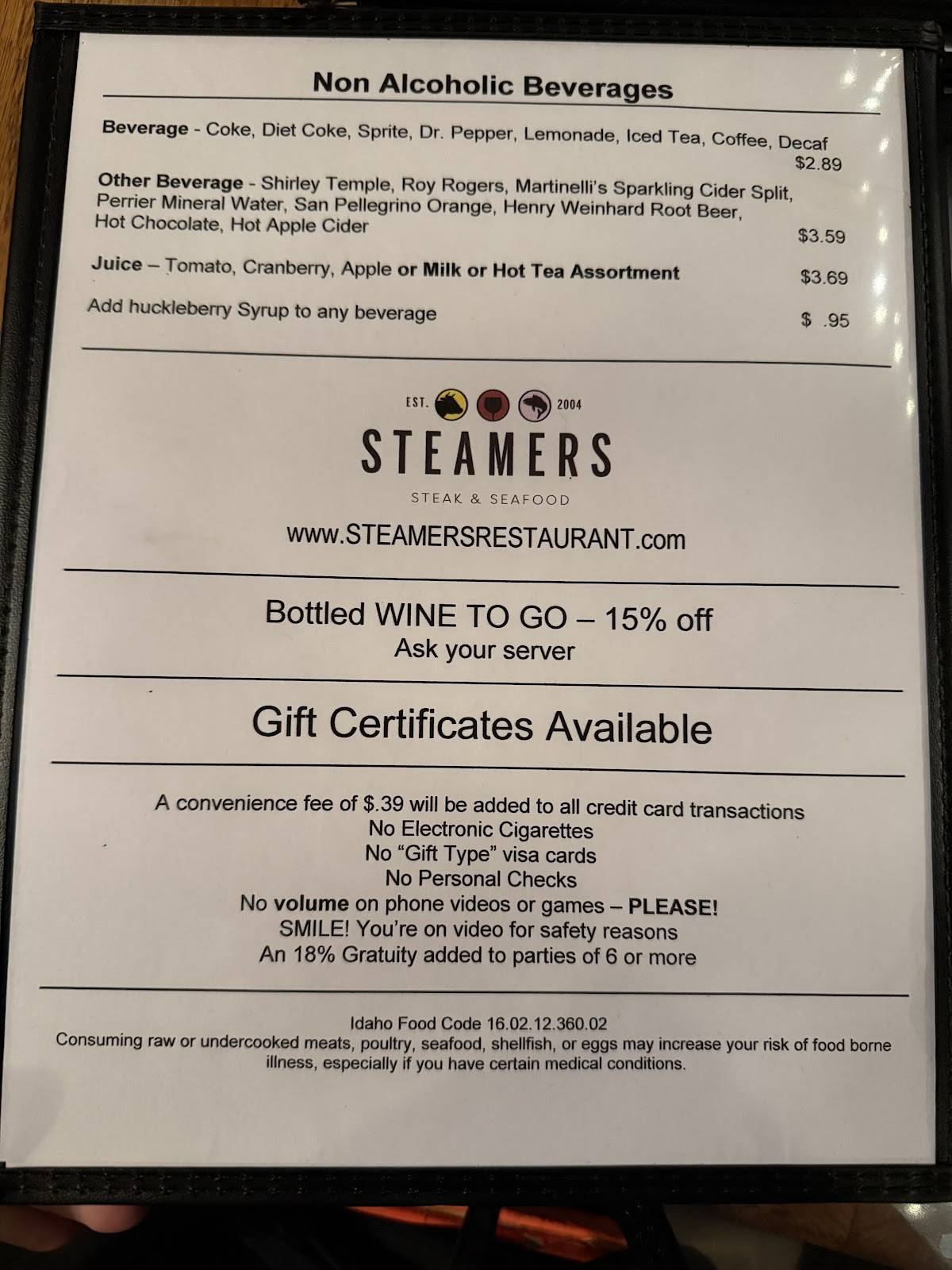 Menu at Steamers Steak & Seafood pub & bar, McCall