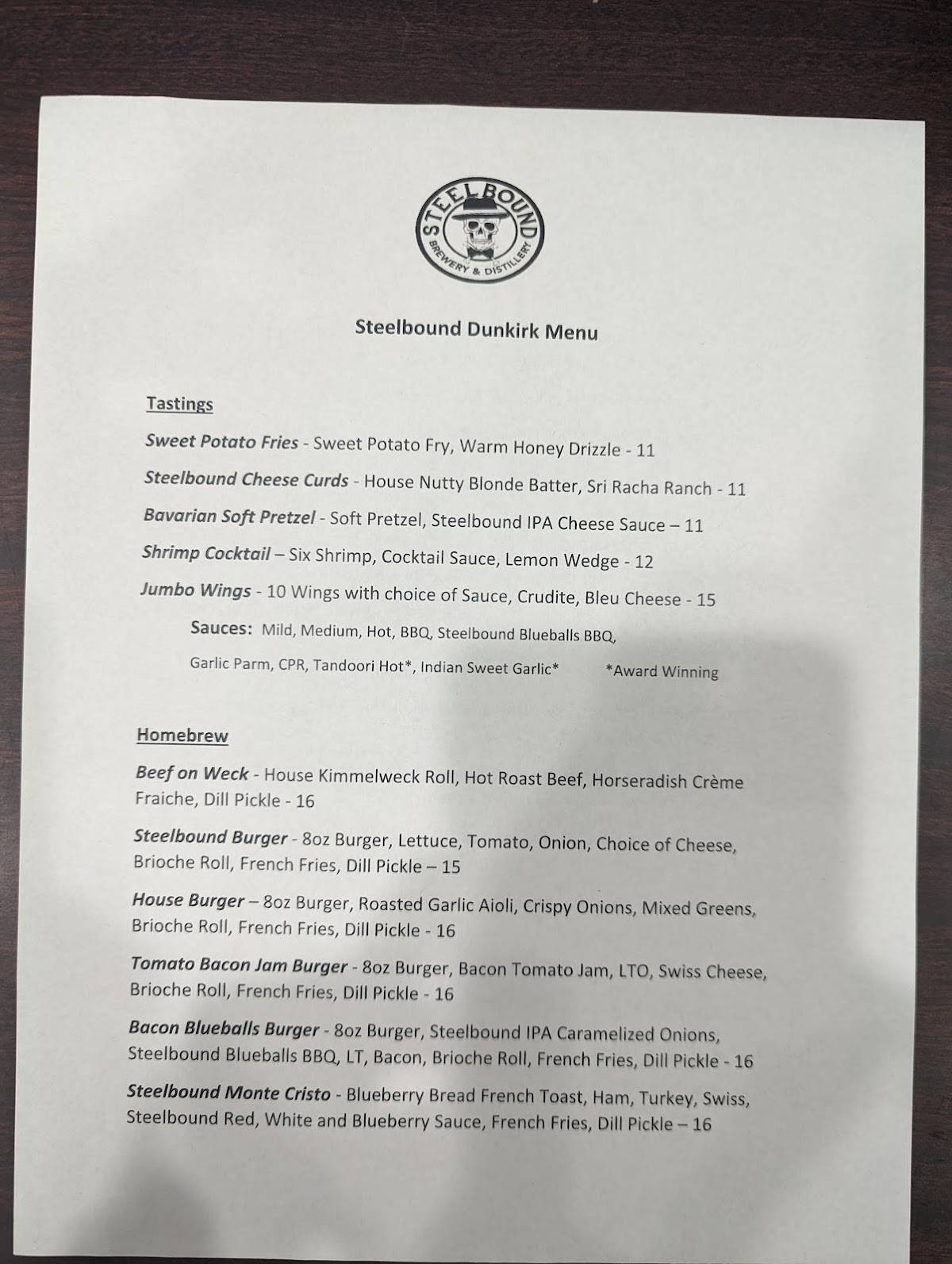 Menu at Steelbound Dunkirk pub & bar, Dunkirk