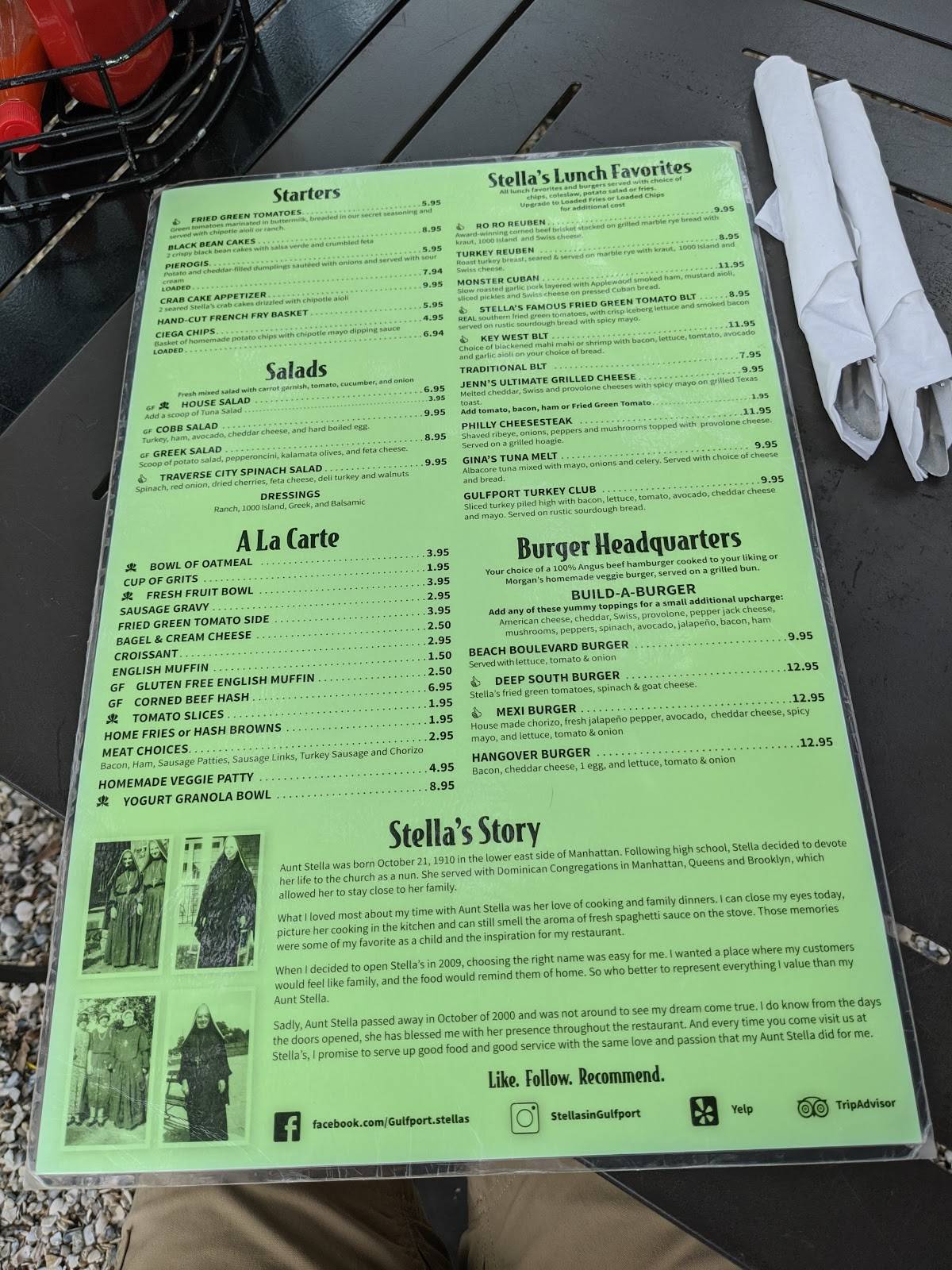 Menu at Stella's restaurant, Gulfport