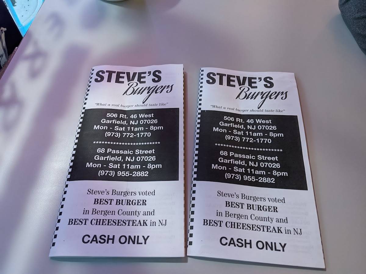 Menu at Steve's Burgers restaurant, Garfield, 506 US-46