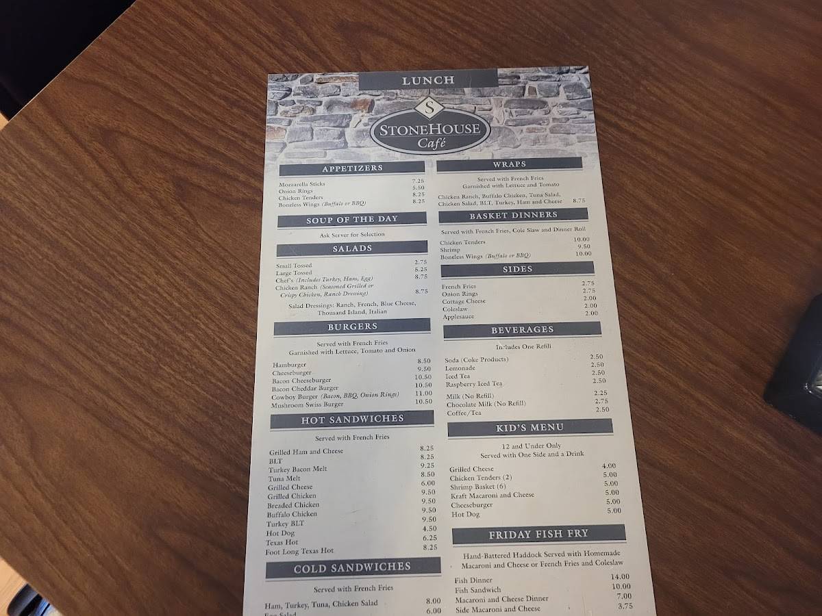 Menu at Stonehouse Cafe, Campbell