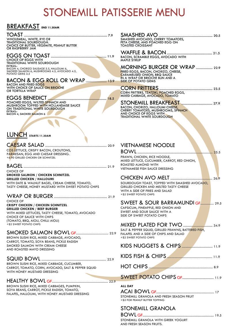 Menu at Stonemill Patisserie cafe, North Rocks