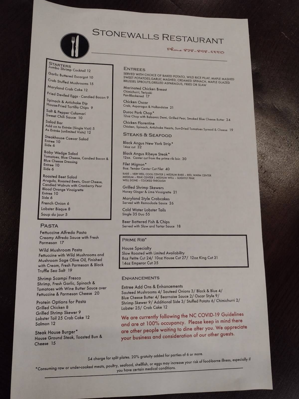 Menu at Stonewalls Restaurant, Banner Elk