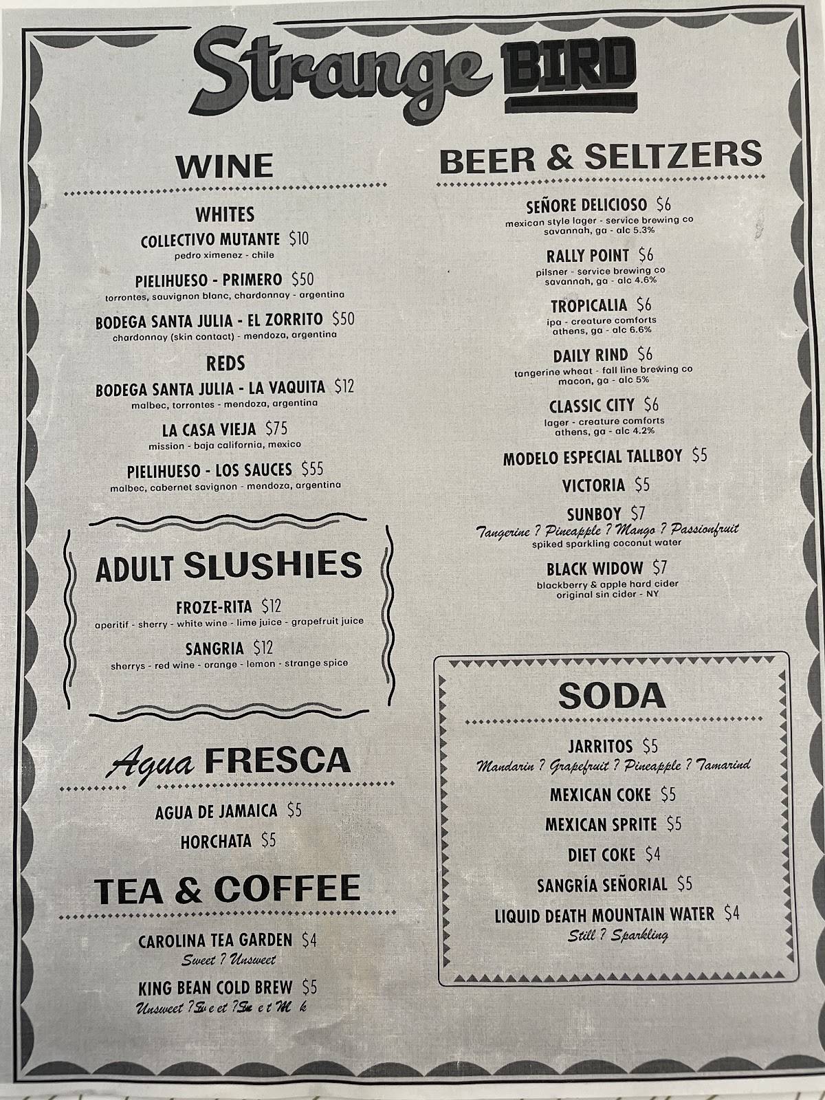 Menu at Strange Bird Savannah restaurant, Savannah