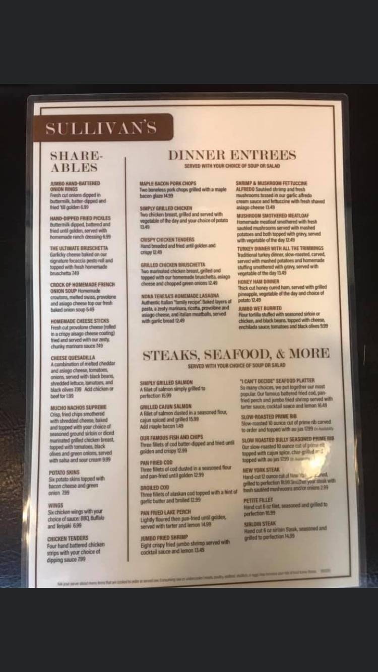 Menu at Sullivan's Food & Spirits restaurant, Saginaw