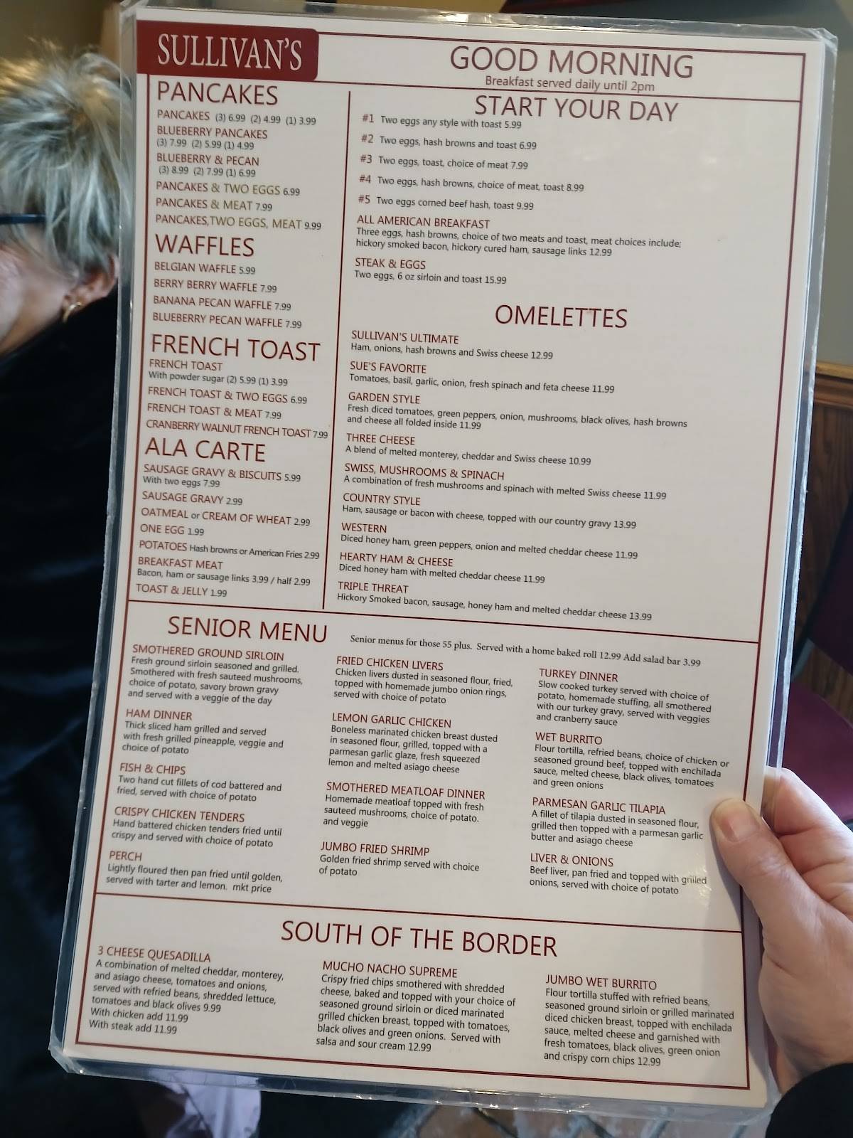 Menu at Sullivan's Food & Spirits restaurant, Saginaw