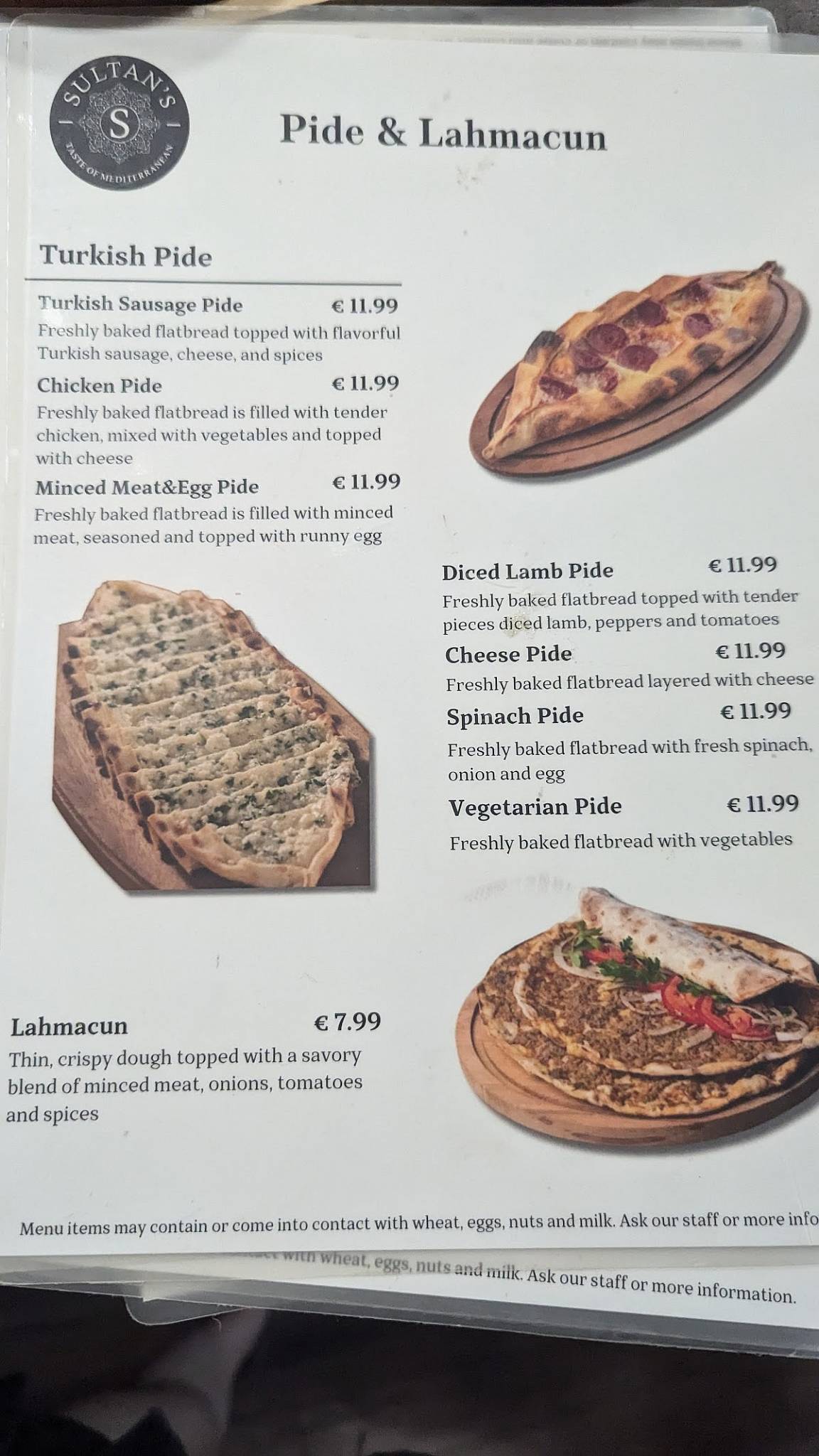 Menu at Sultan's Grill restaurant, Dublin