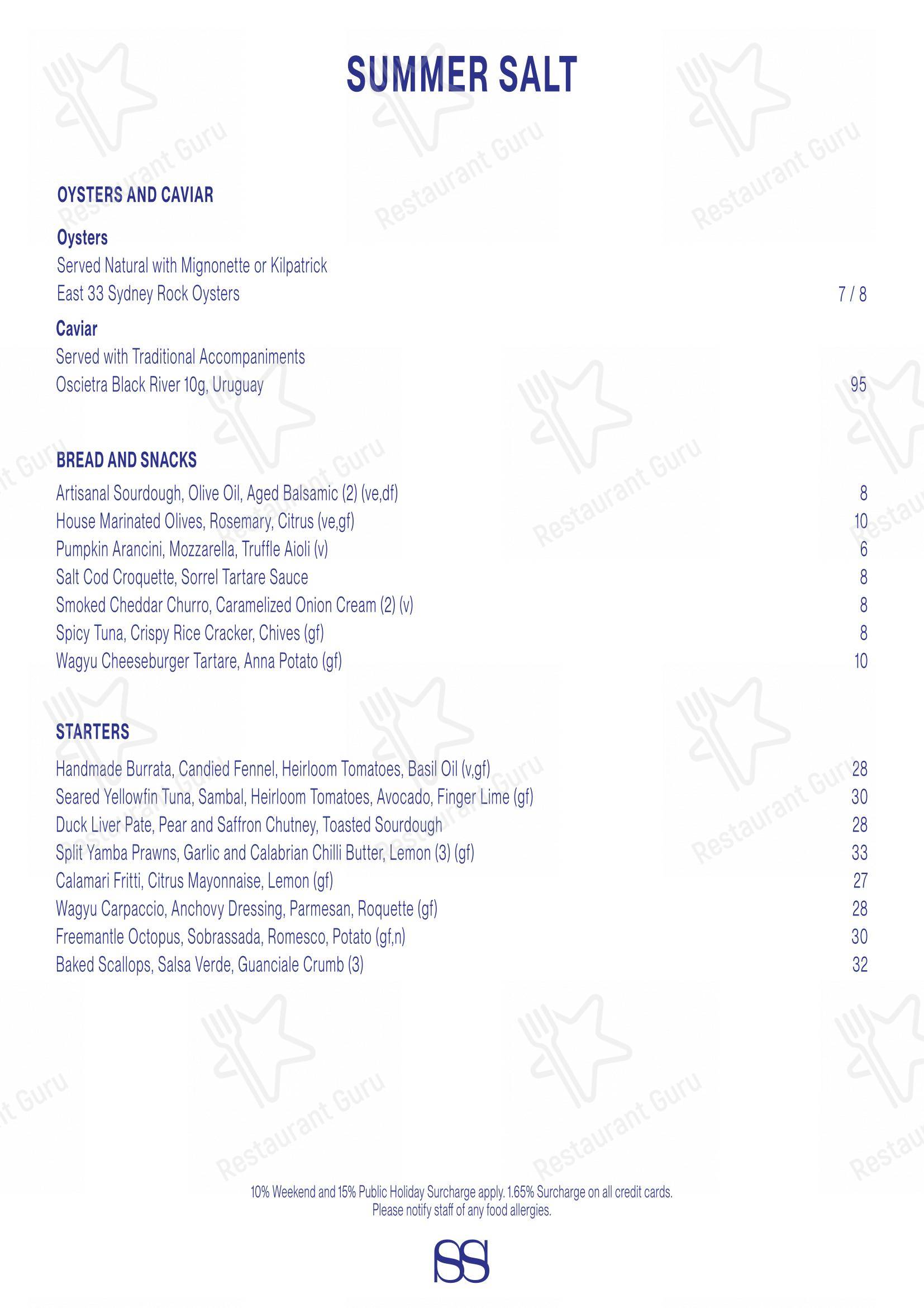 Menu at Summer Salt Restaurant, Cronulla, 66 Mitchell Rd