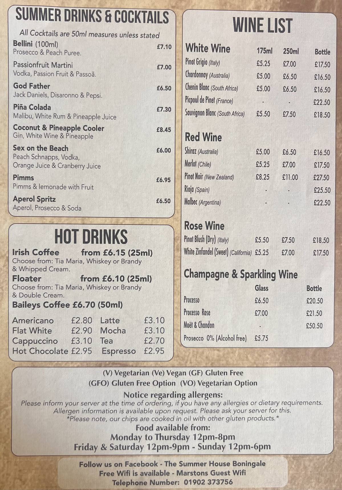 Menu at Summerhouse pub & bar, Wolverhampton