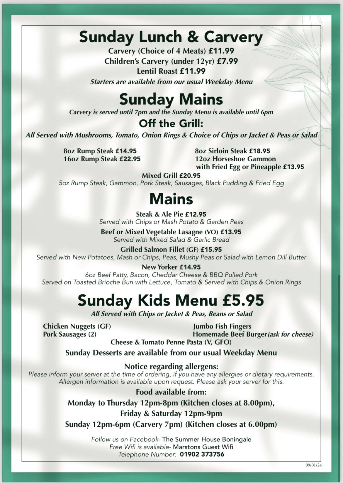 Menu at Summerhouse pub & bar, Wolverhampton