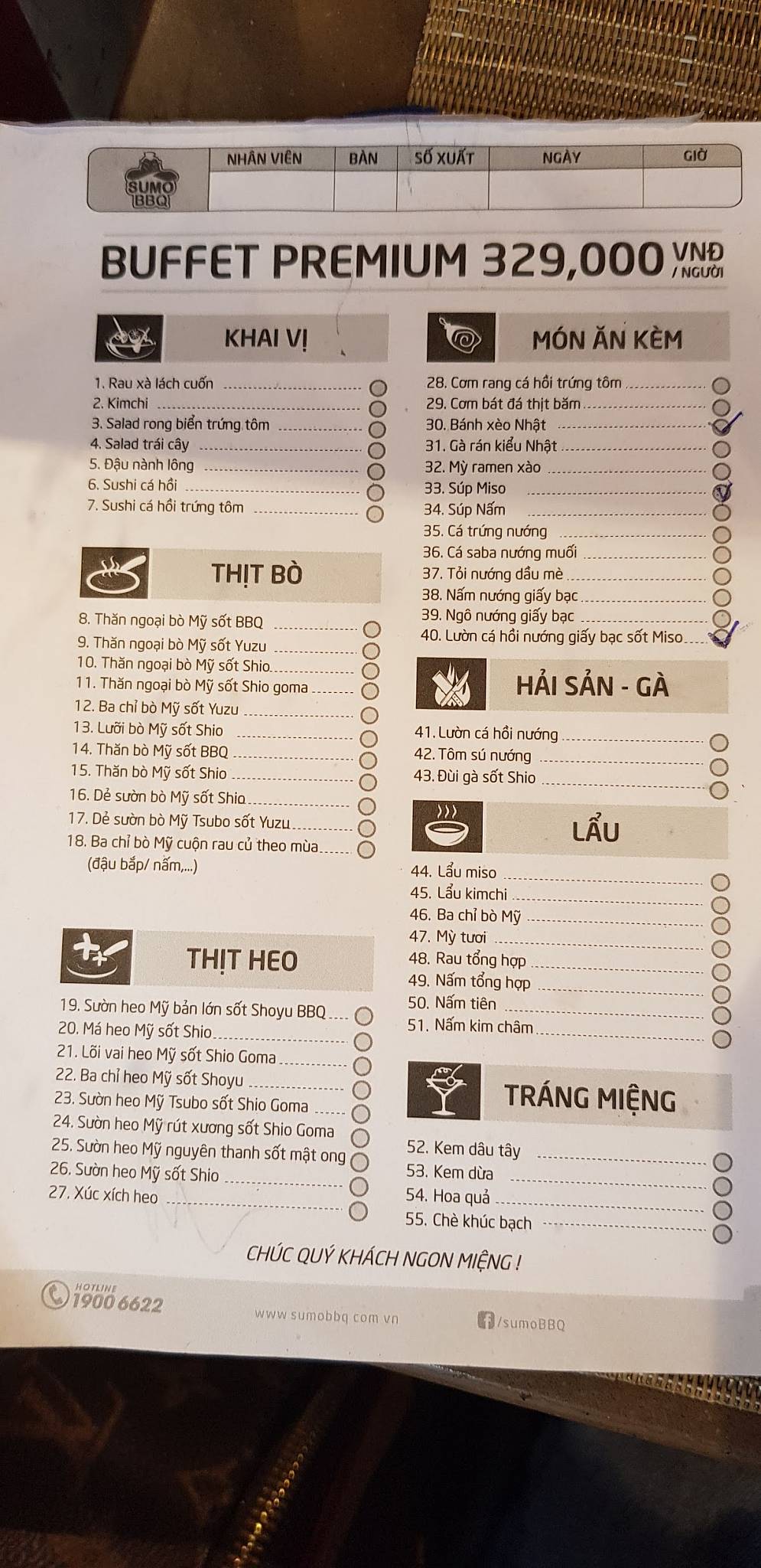 Menu at Sumo Yakiniku BBQ, Hanoi, 134 Hoàng Quốc Việt
