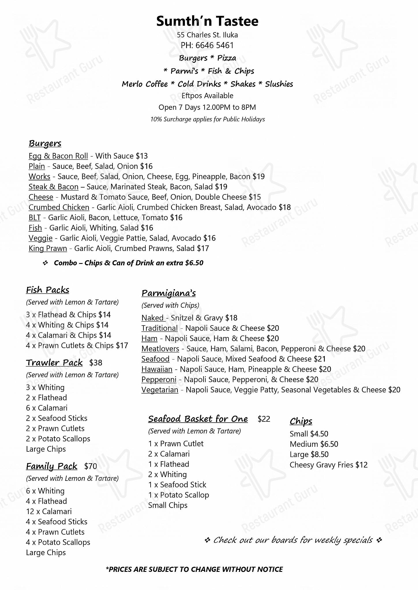 Menu at Sumth'n Tastee On Charles restaurant, Iluka
