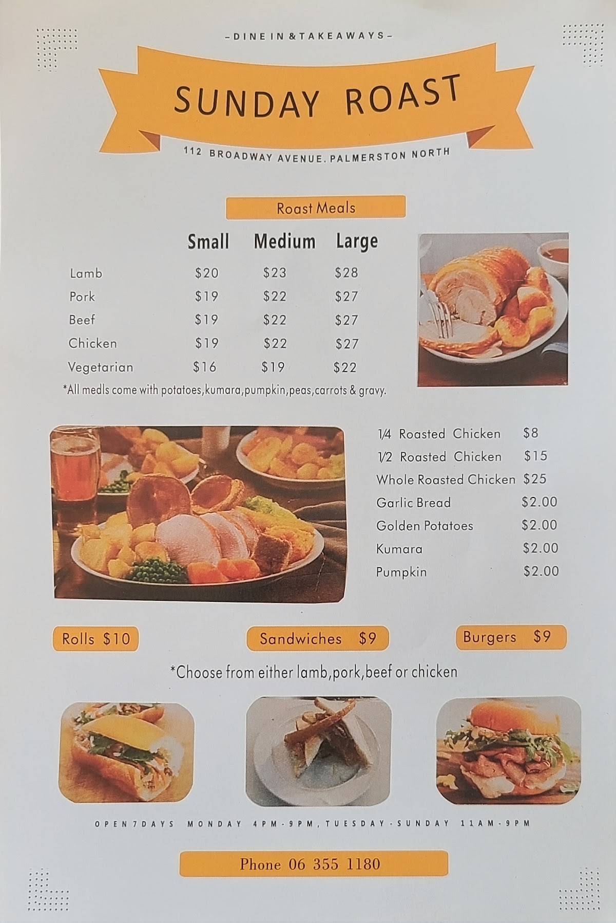 Menu at Sunday Roast fast food, Palmerston North