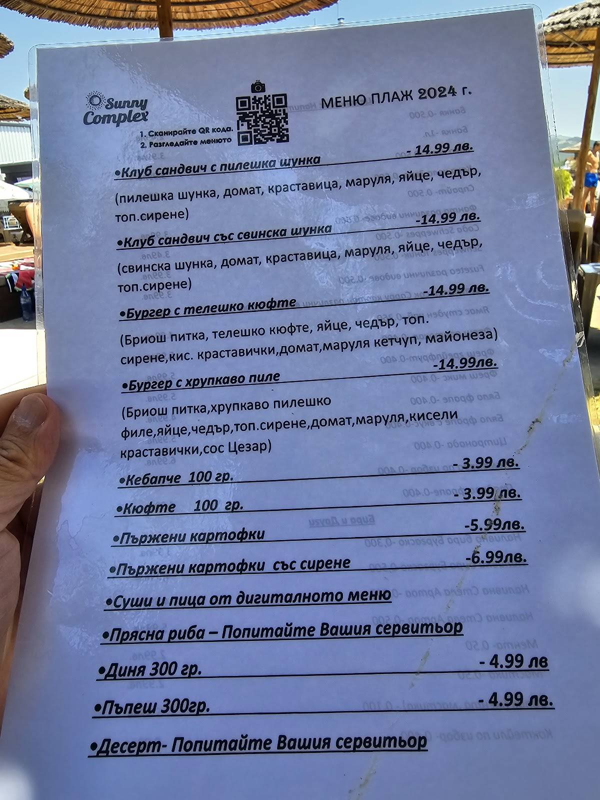Menu at Sunny Complex restaurant, Radomir