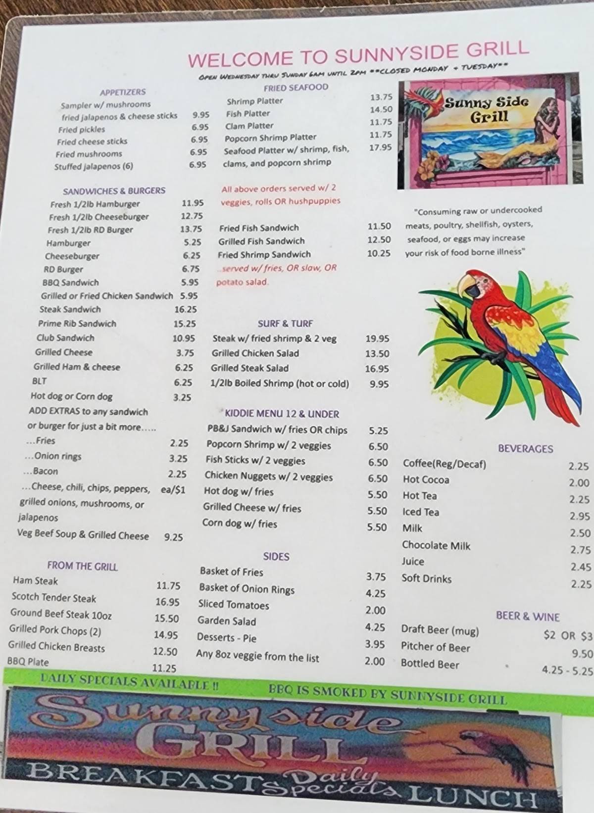 Menu at Sunnyside Grill restaurant, Panama City Beach