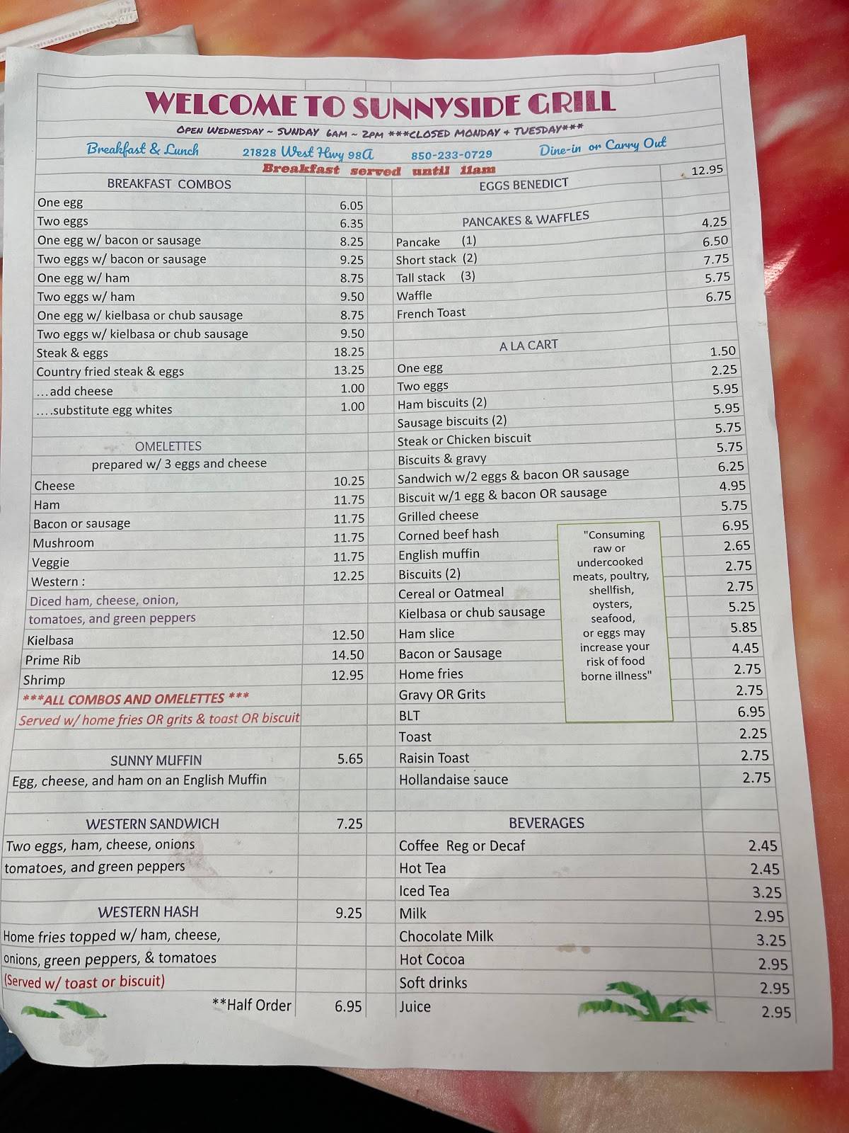 Menu at Sunnyside Grill restaurant, Panama City Beach