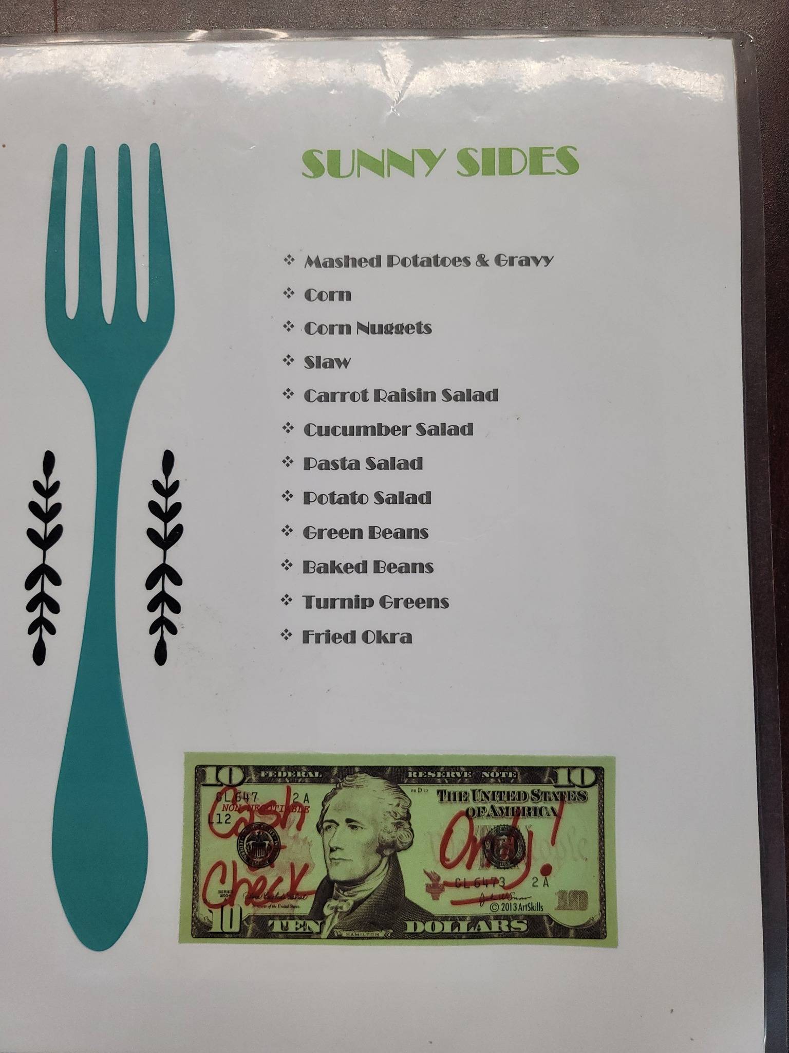 Menu at Sunnyside Grill restaurant, Panama City Beach