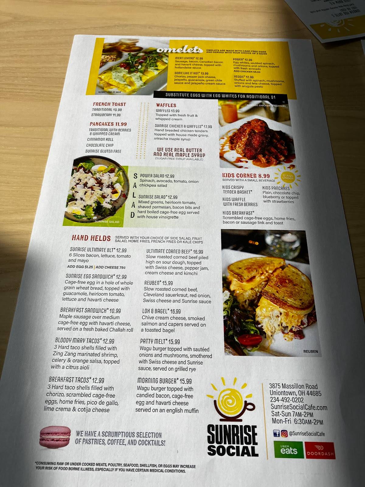 Menu at Sunrise Social restaurant, Green