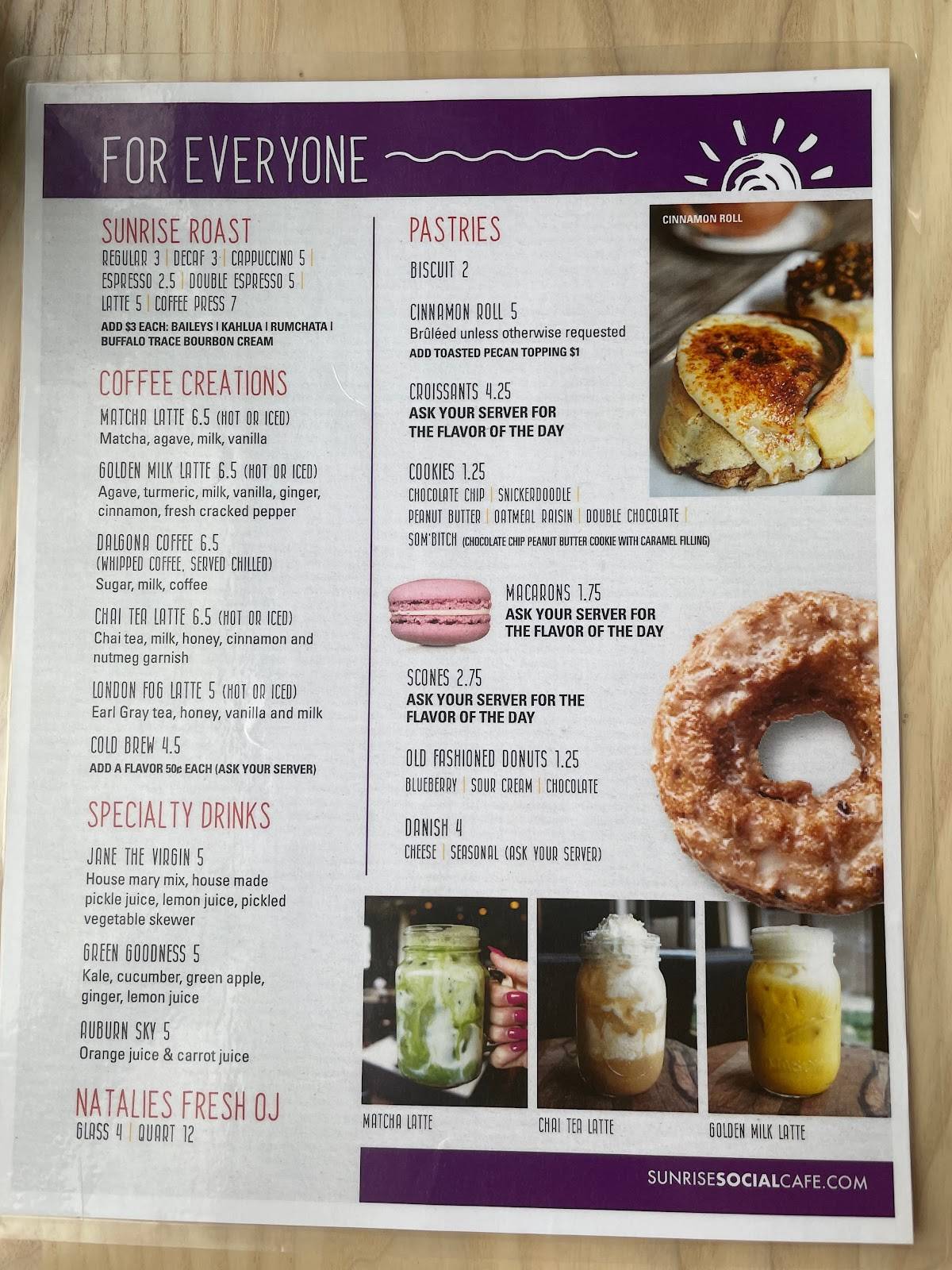 Menu at Sunrise Social restaurant, Green