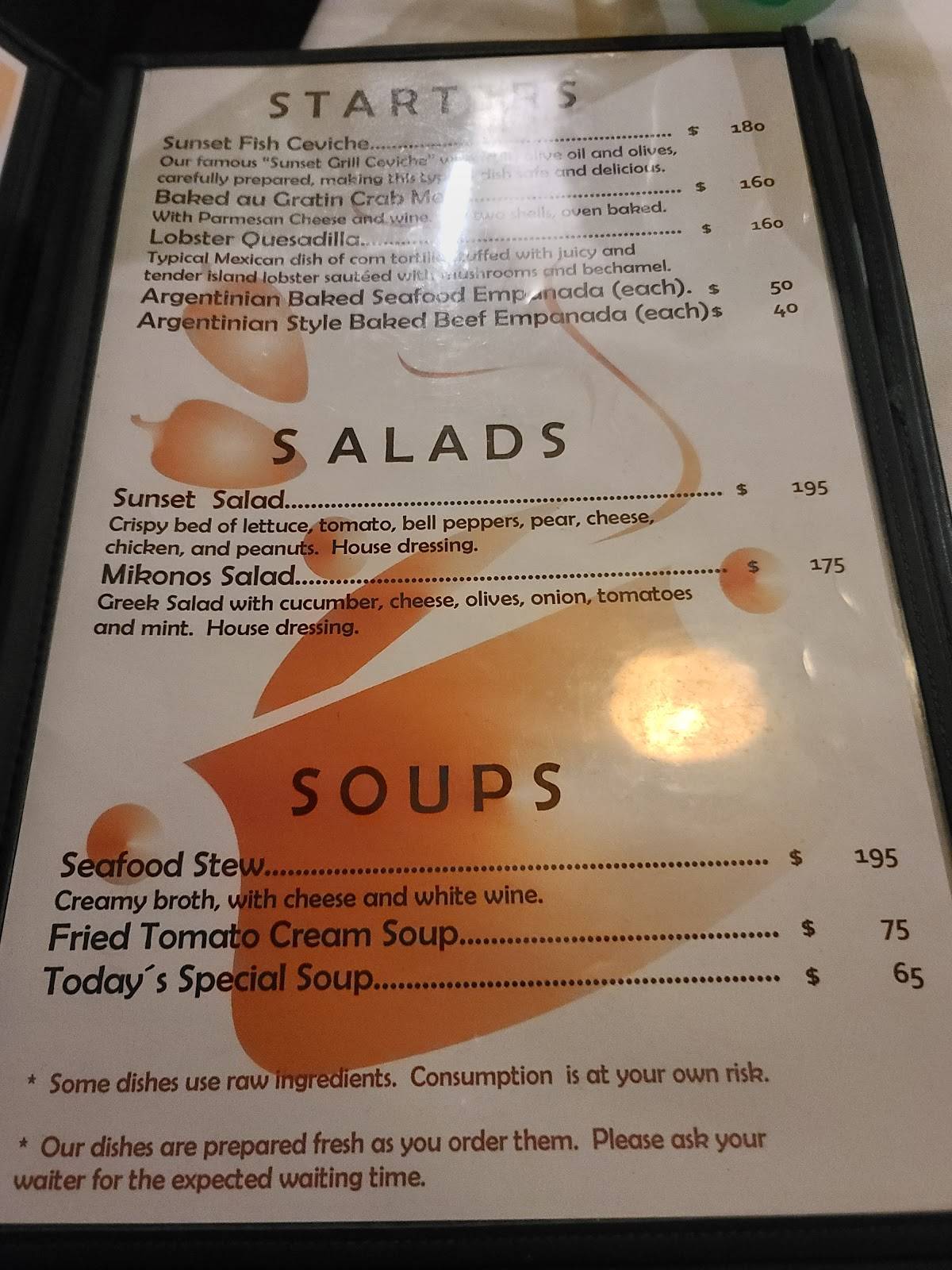 Menu at Sunset Grill restaurant, Isla Mujeres, Av Rueda Medina S/N