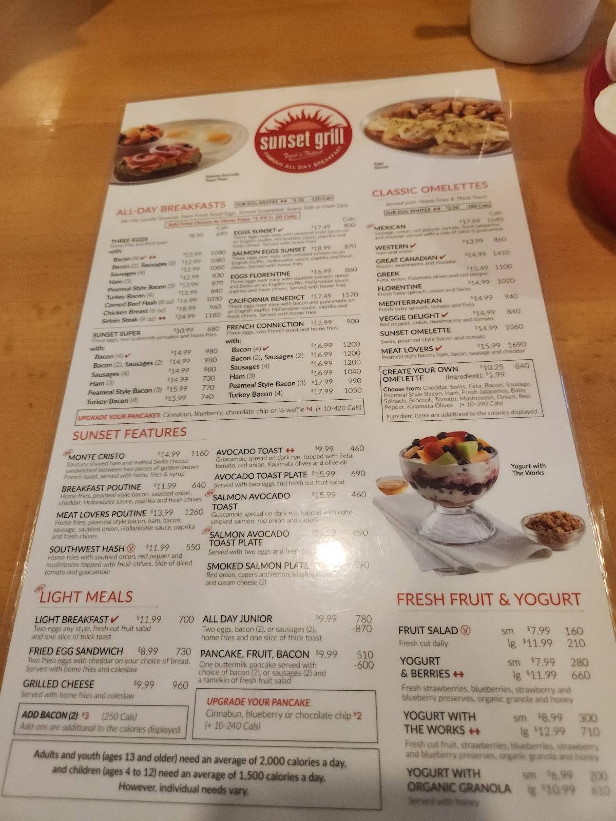 Menu at Sunset Grill restaurant, Toronto, 205 Wellington St W