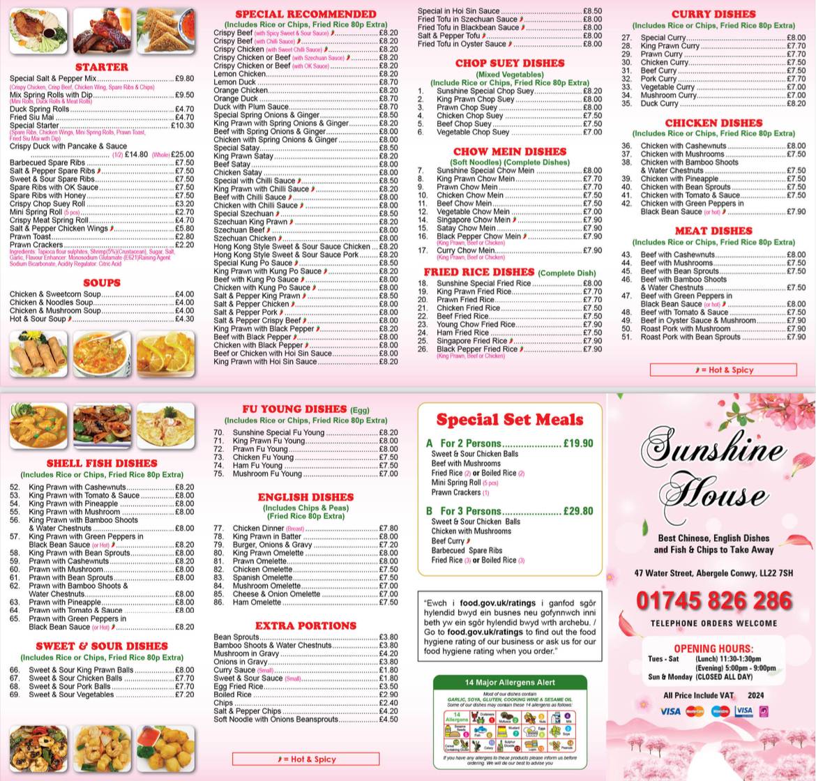 Menu at Sunshine House restaurant, Abergele