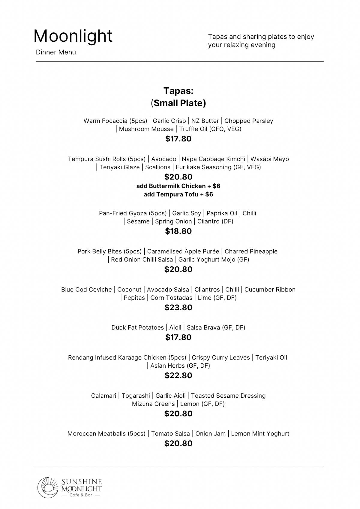 Menu at Sunshine & Moonlight Cafe Restaurant, Pegasus