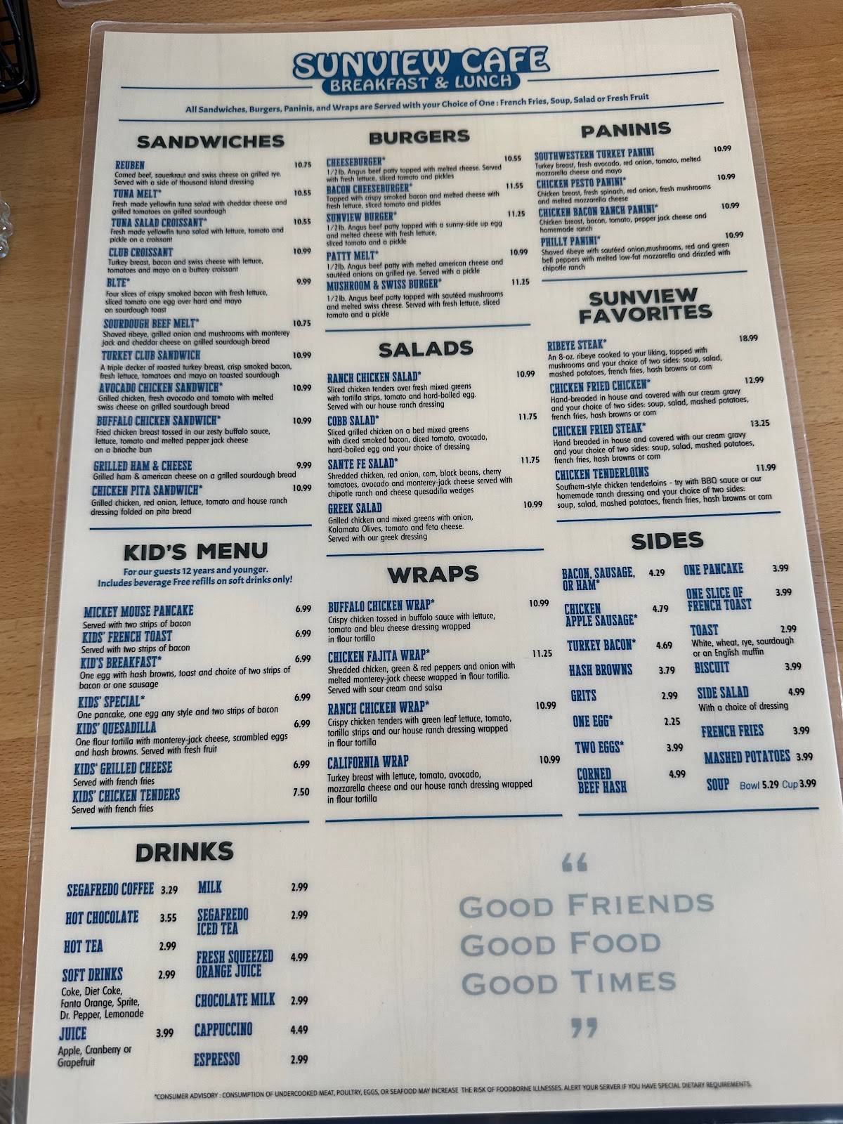 Menu at Sunview Cafe, Melissa