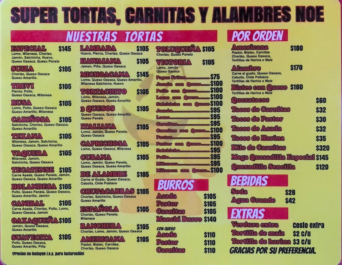 Menu at Super Tortas Y Carnitas Noe restaurant, Tecate