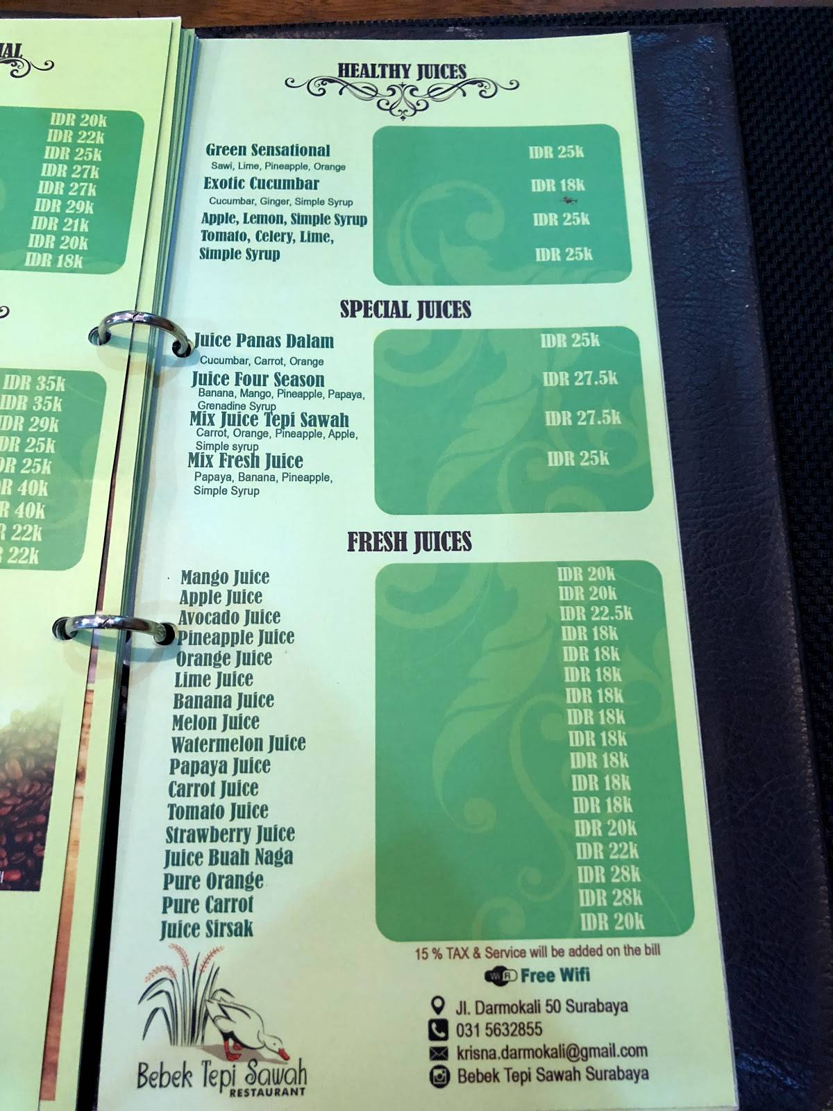 Carta del restaurante Restoran Bebek Tepi Sawah Surabaya, Surabaya