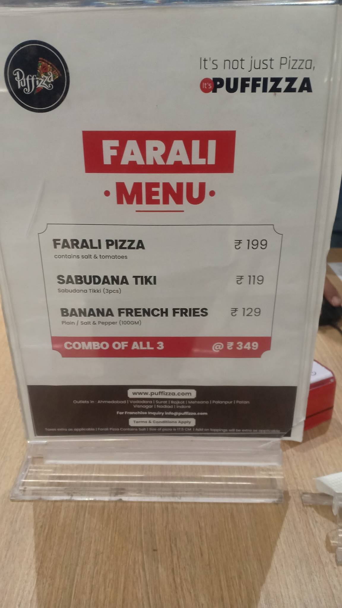 Menu at Puffizza, Surat