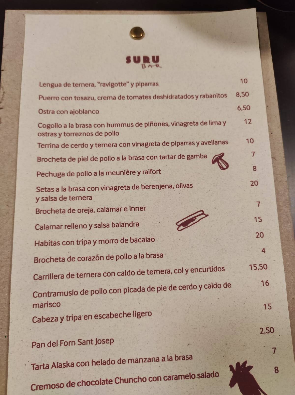 Carta de Suru Bar, Barcelona