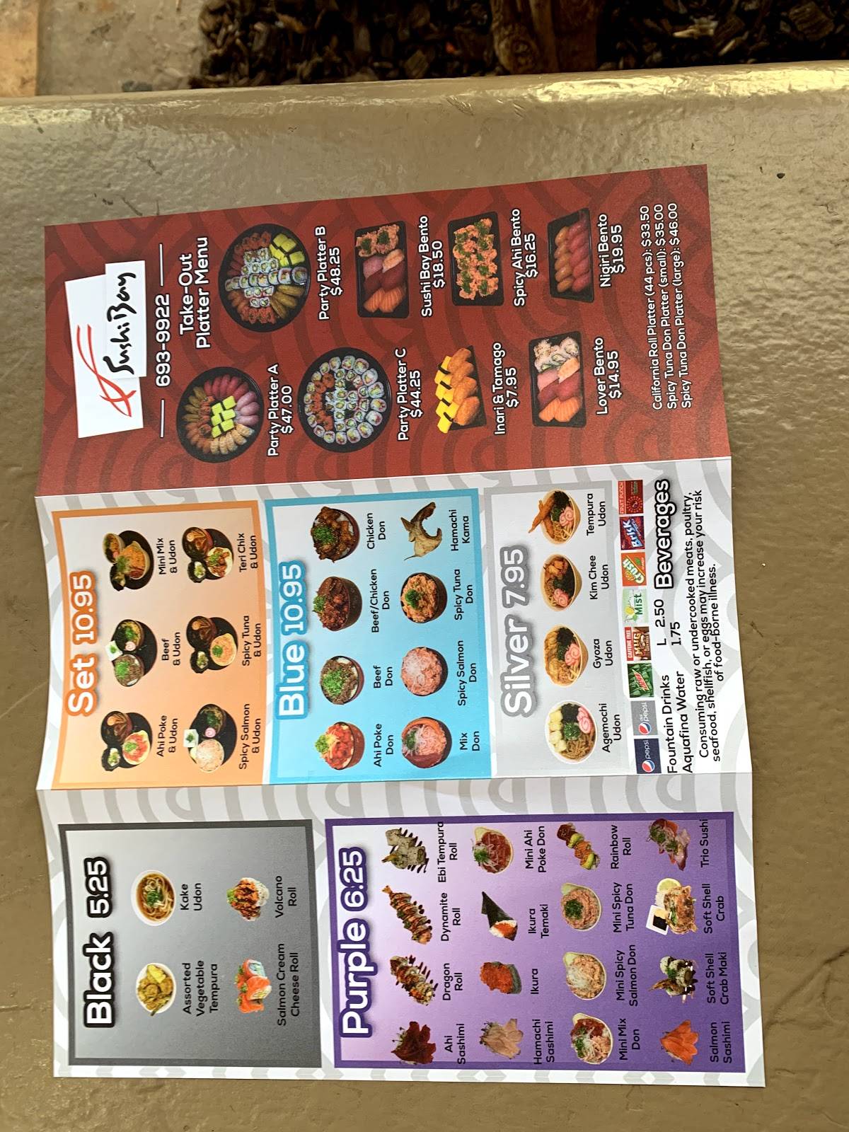 Menu at Sushi Bay restaurant, Kapolei