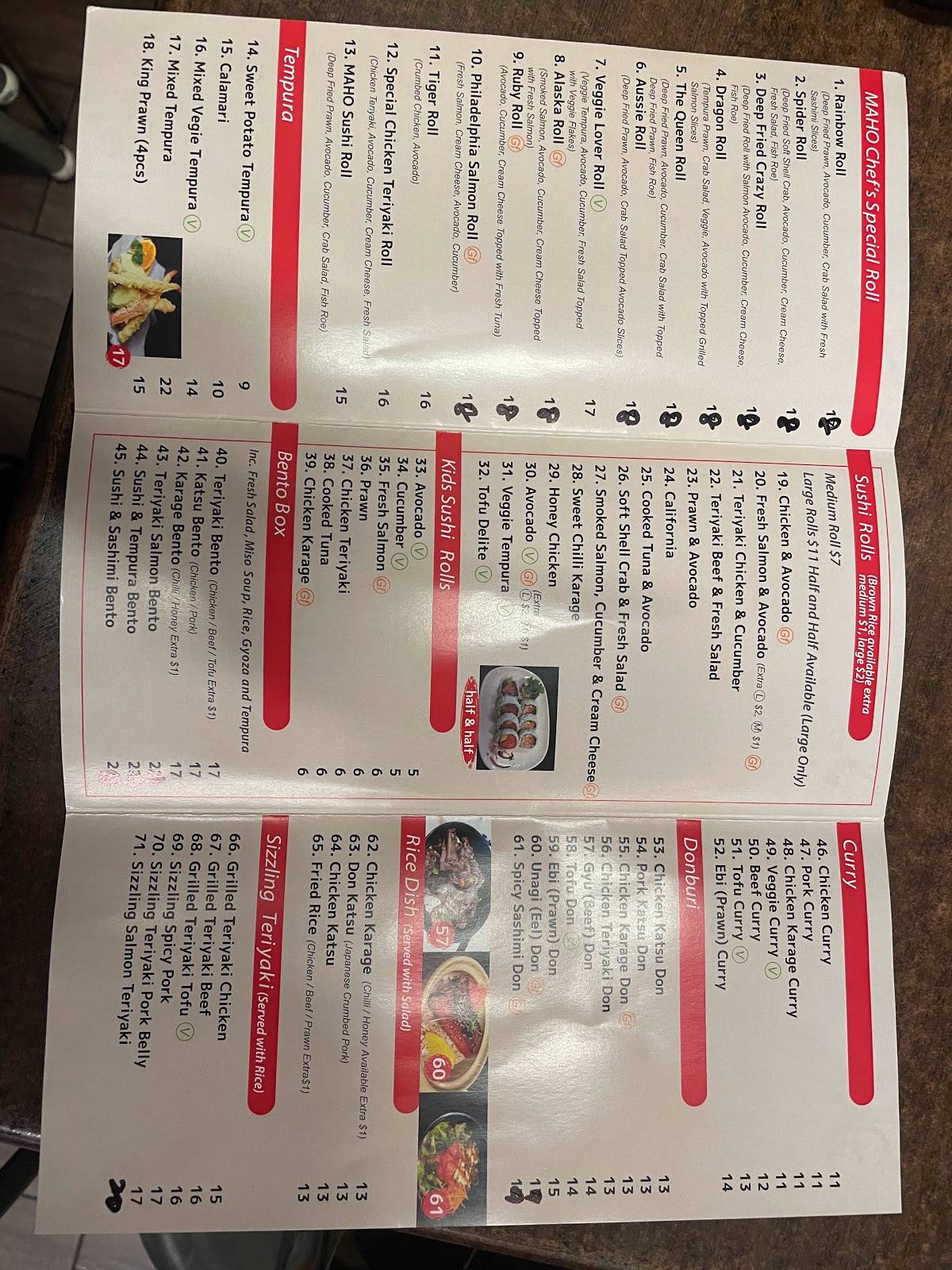 Menu at Sushi Maho restaurant, The Gap