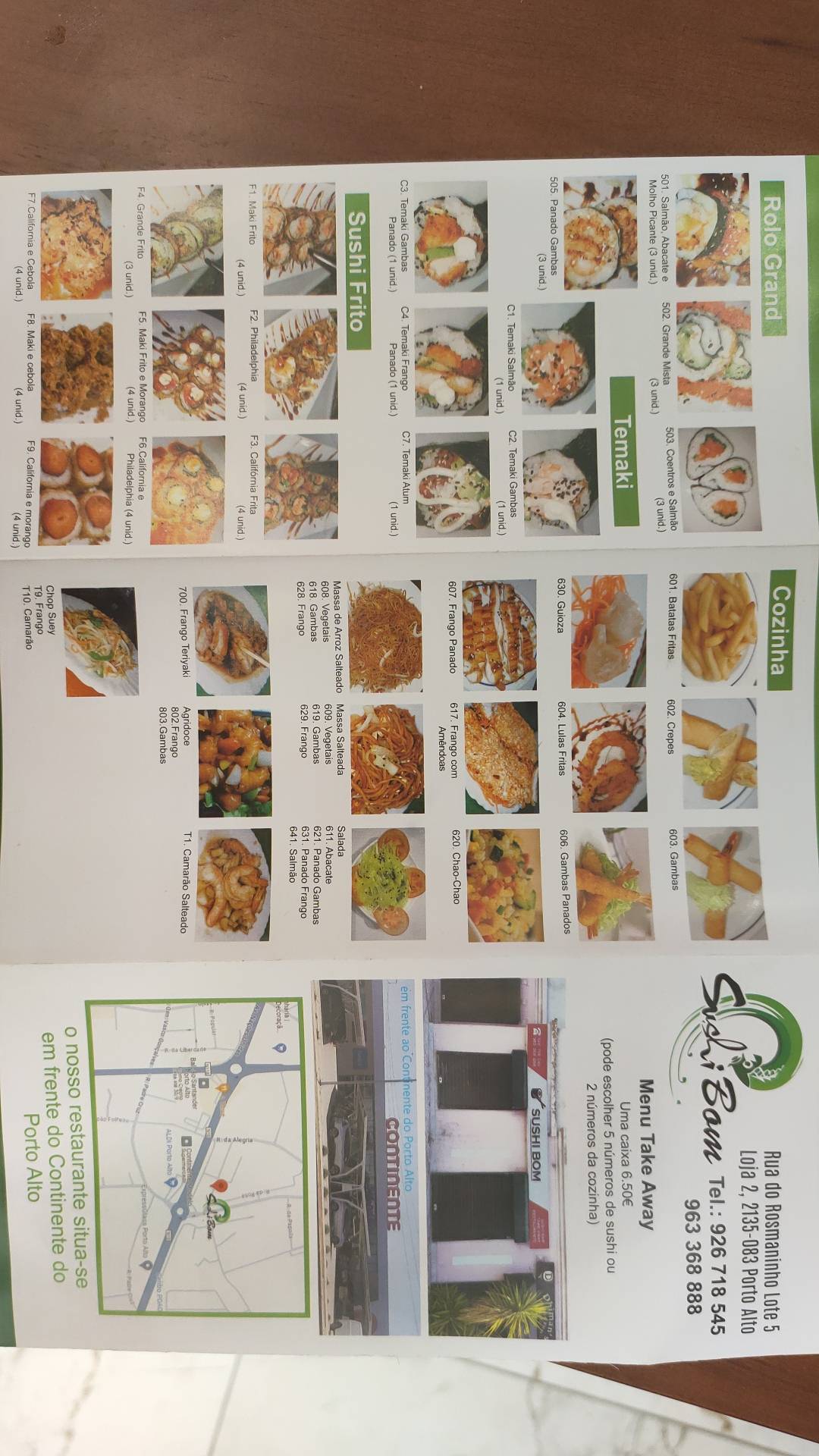Menu em Sushi bom restaurante, Samora Correia