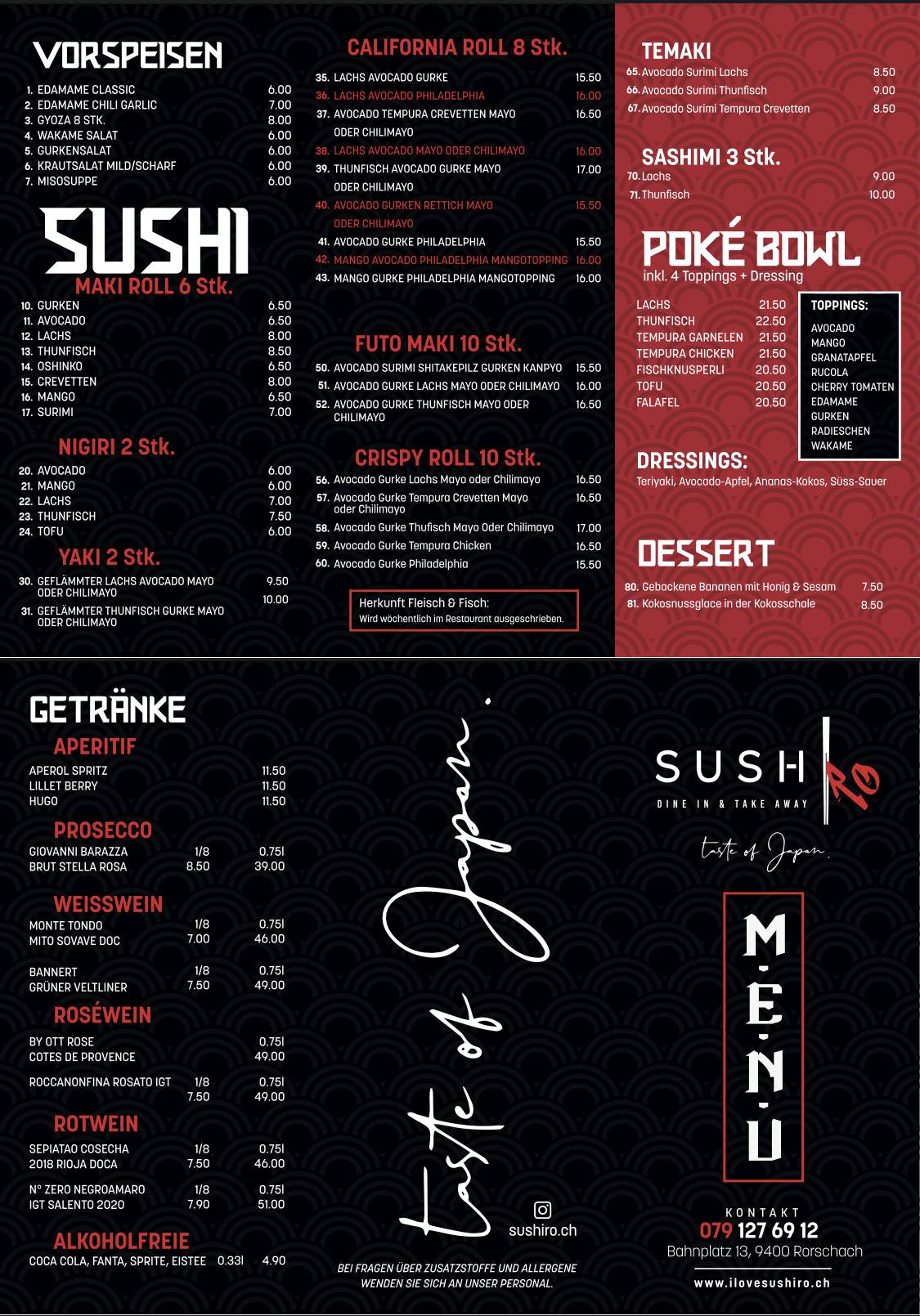 Menu au Sushiro Sushi Poké Bowl & Asia kitchen, Rorschach