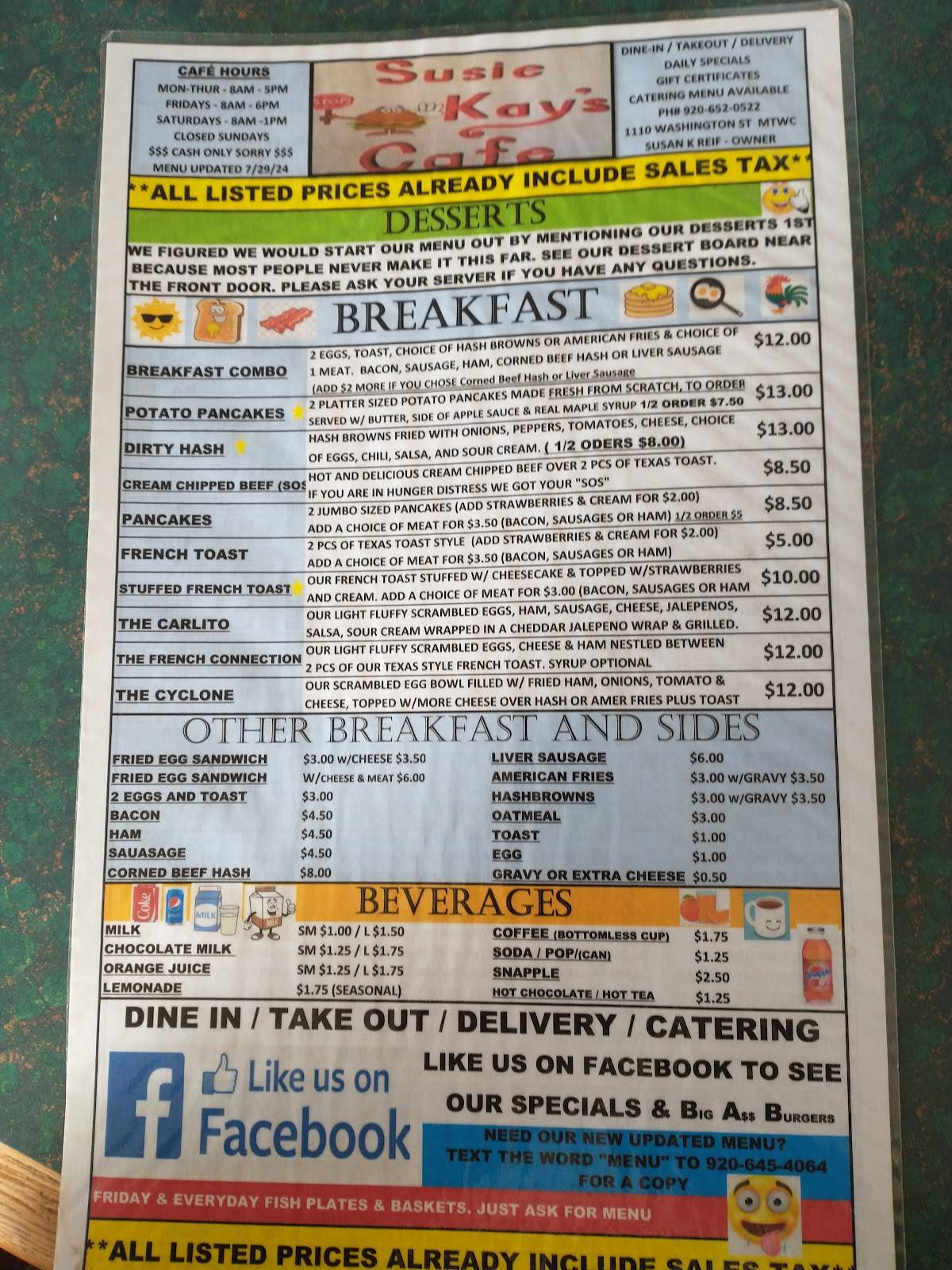 Menu at Susie Kay’s Cafe, Manitowoc