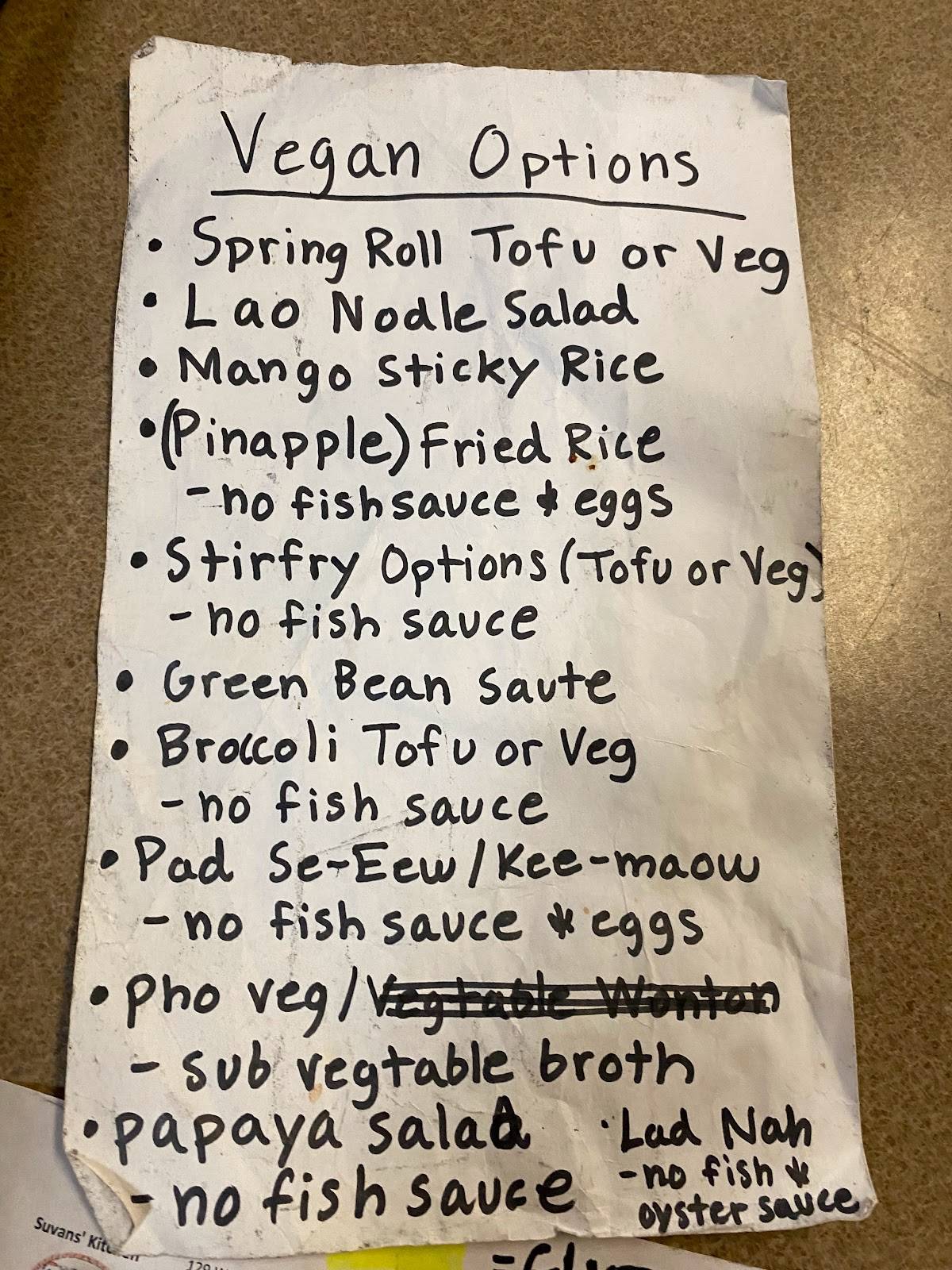 Menu at Suvans Kitchen restaurant, Lompoc