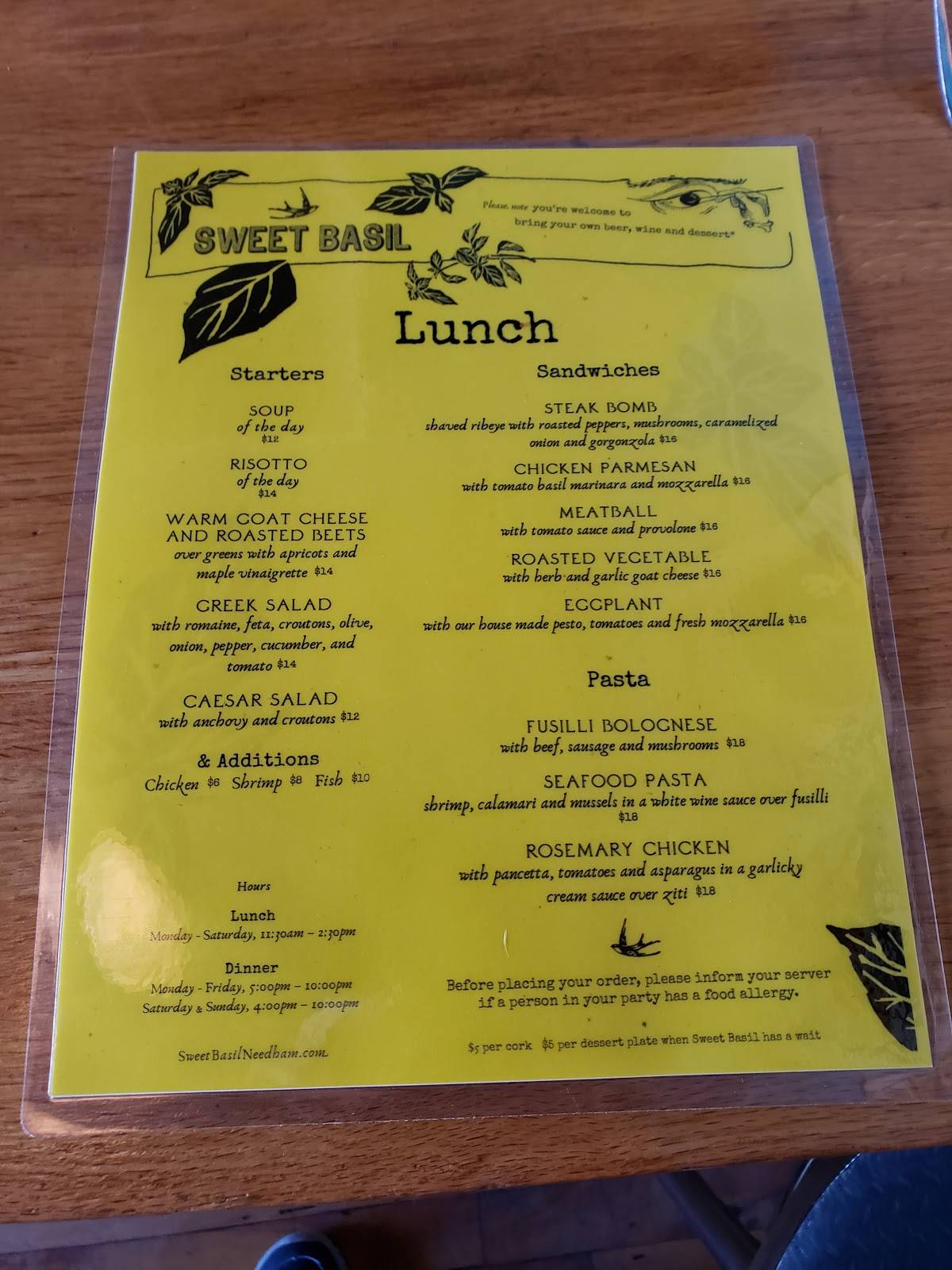 Menu at Sweet Basil restaurant, Needham