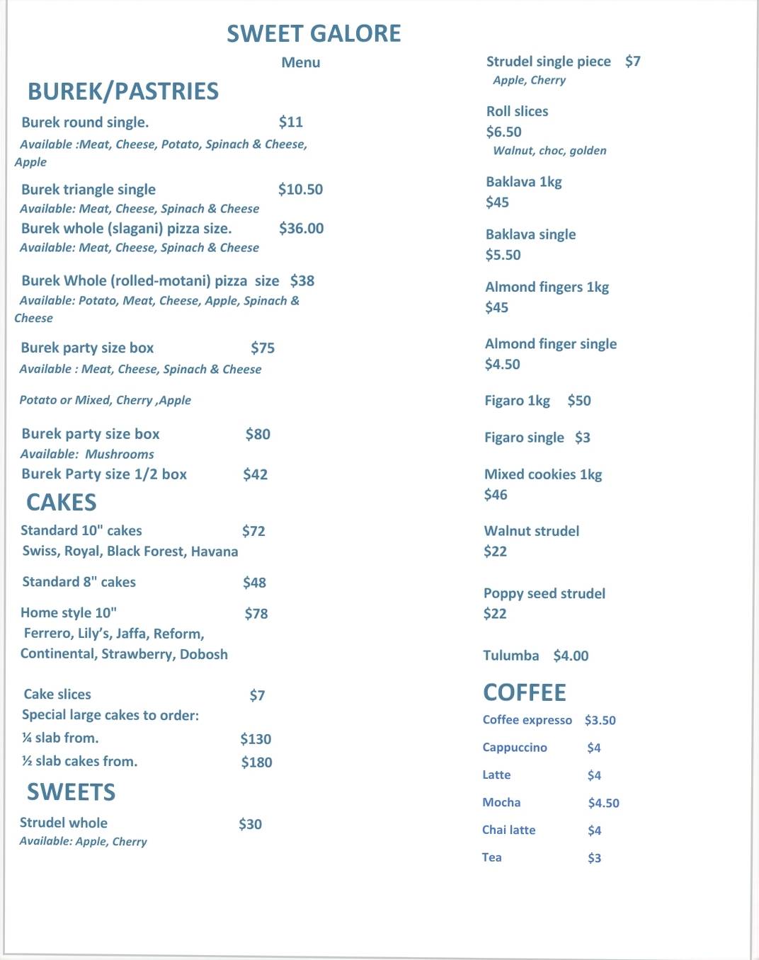 Menu at Sweet Galore restaurant, Dandenong, 94 Hemmings St