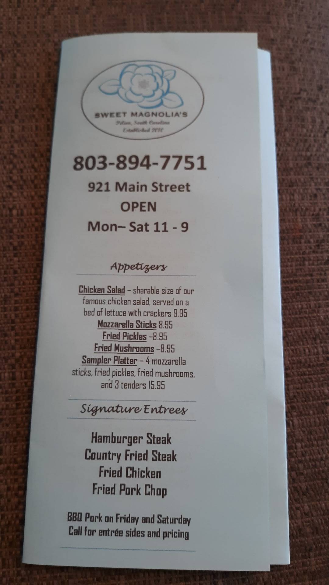 Menu at Sweet Magnolia's Restaurant, Pelion