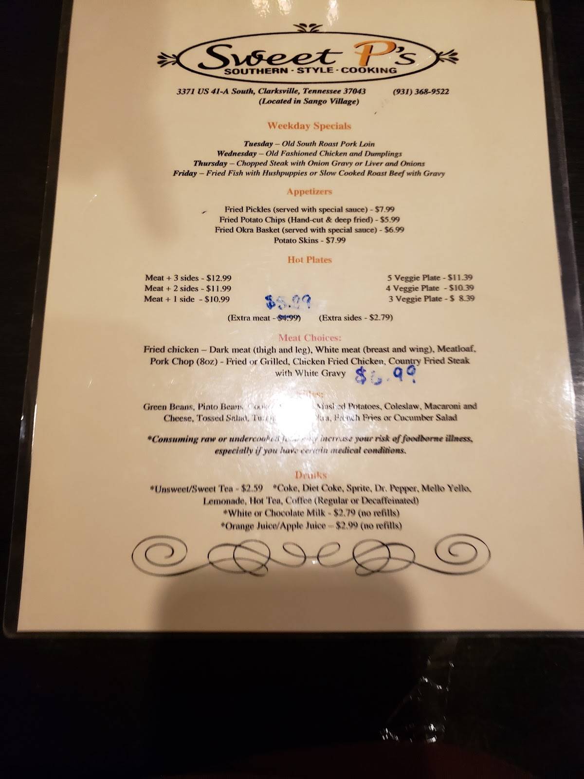 Menu at Sweet P's Southern Style restaurant, Clarksville