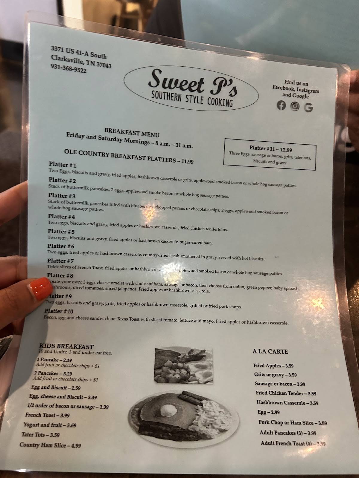 Menu at Sweet P's Southern Style restaurant, Clarksville